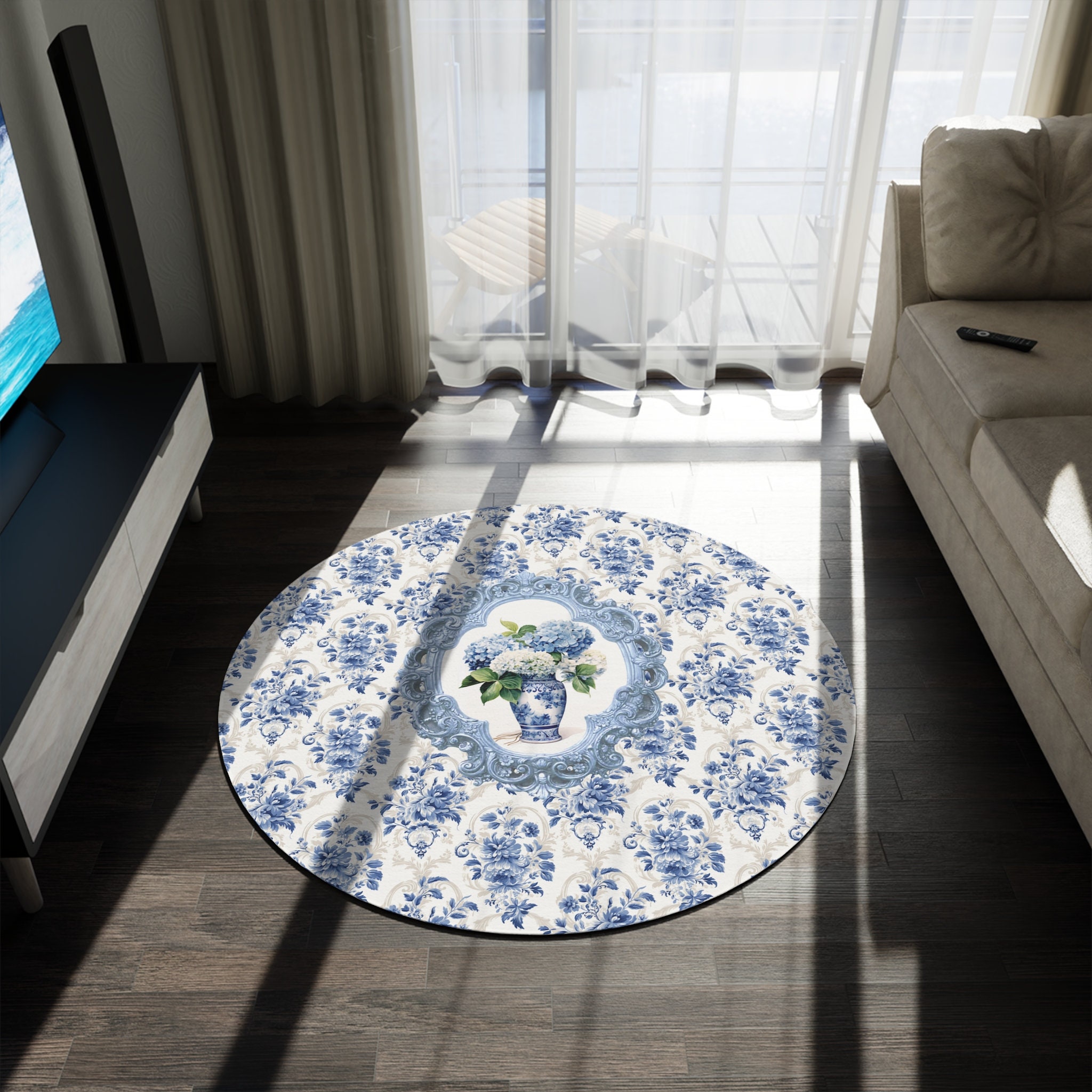 Chinoiserie Hydrangea Blue and White Round Rug, Chinoiserie Blue White ...