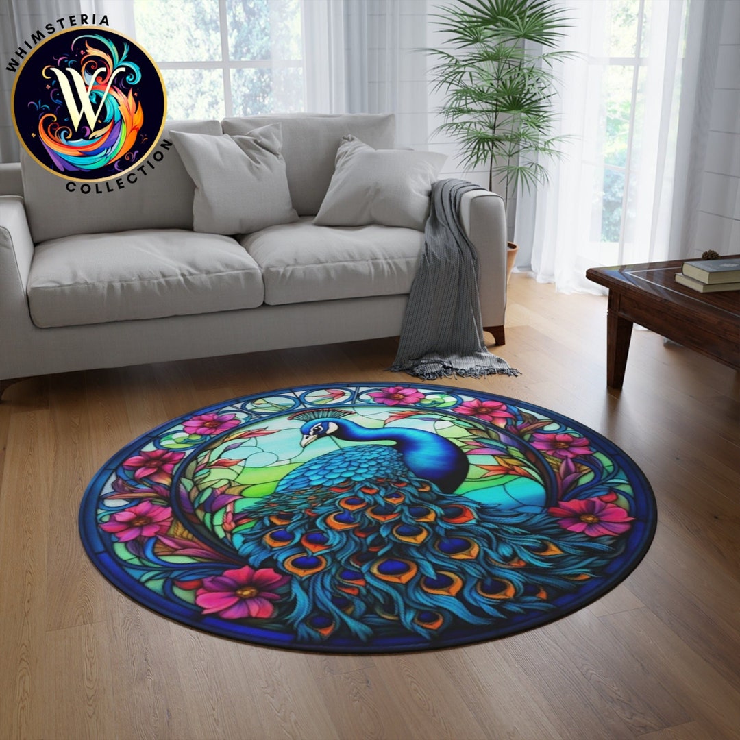 Chinoiserie Peacock, Faux Stained Glass Round Rug, Room Rug ...