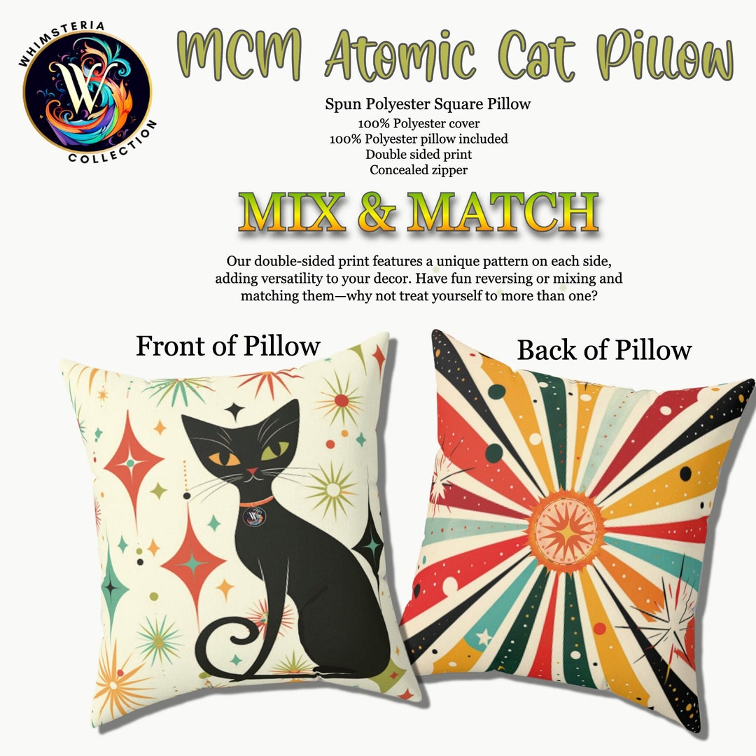 Atomic MCM Retro Atomic Throw Pillow, Mid Century Throw Pillows, Atomic Mid Century Cat Pillow ...