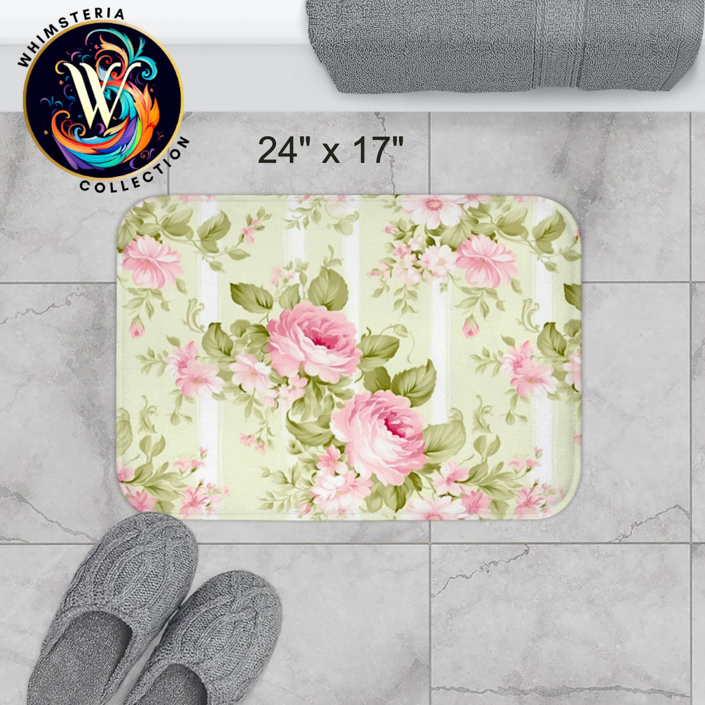 Shabby Chic Pink Roses Green White Stripe Bath Mat, Pink Floral Bath ...