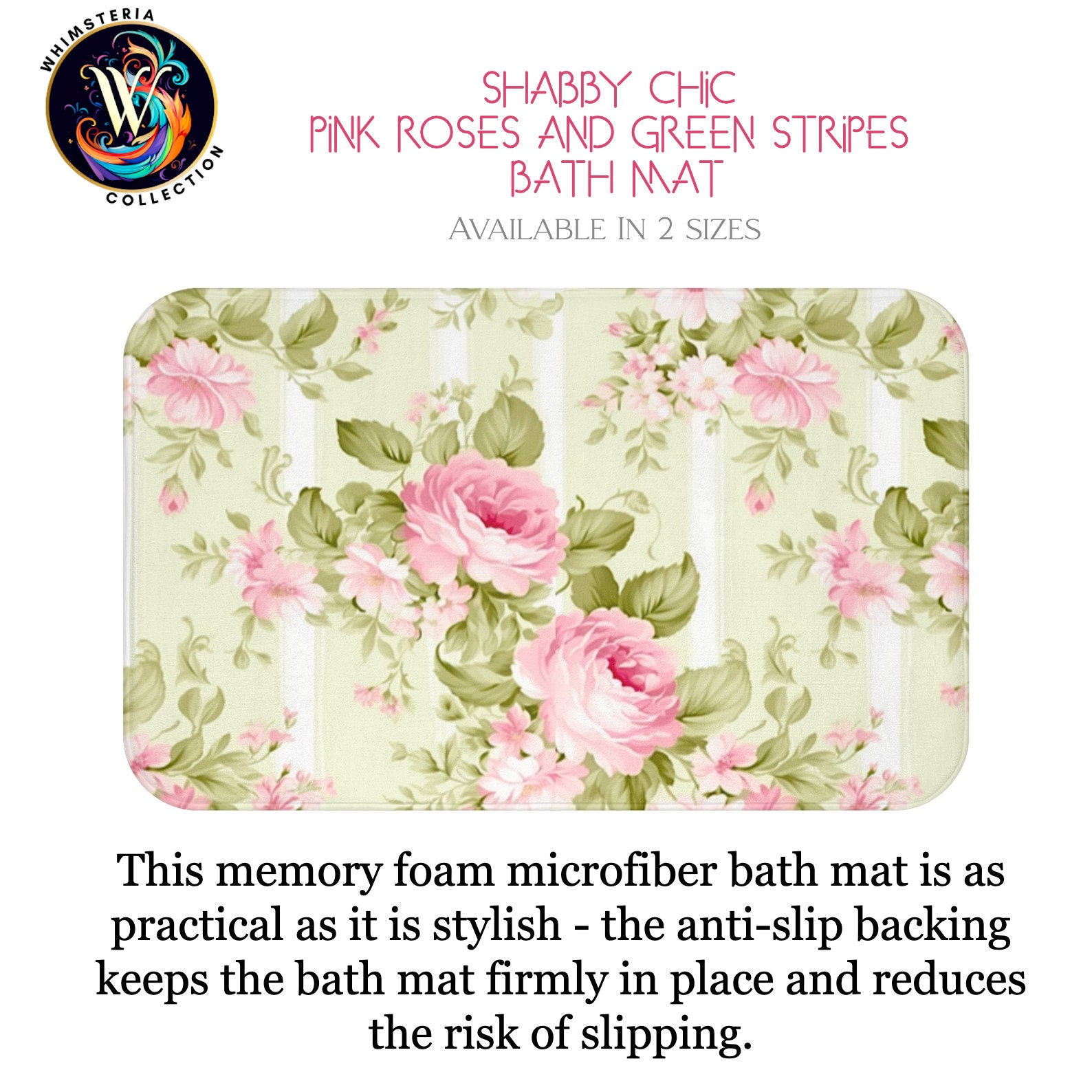 Shabby Chic Pink Roses Green White Stripe Bath Mat, Pink Floral Bath ...