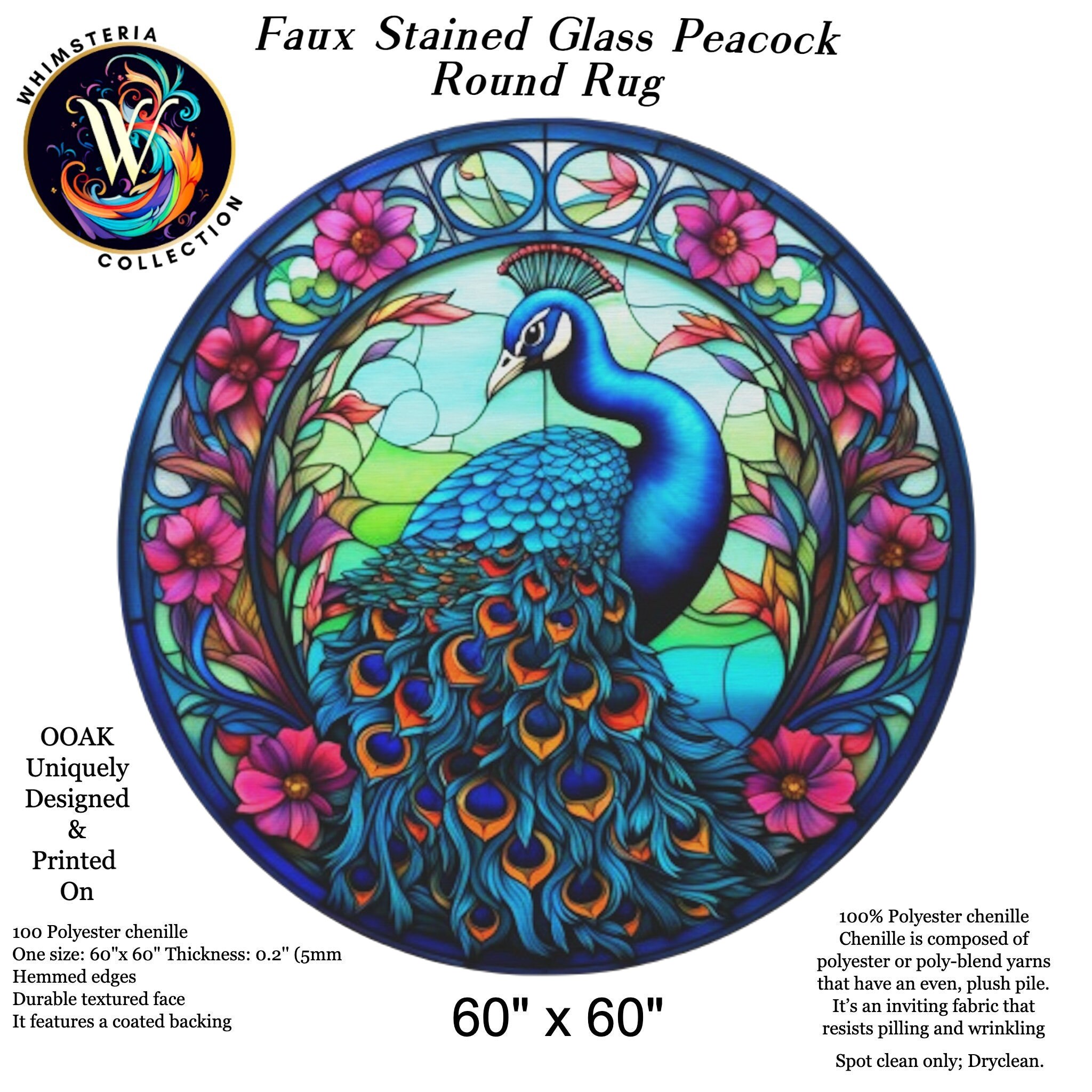 Chinoiserie Peacock, Faux Stained Glass Round Rug, Room Rug ...