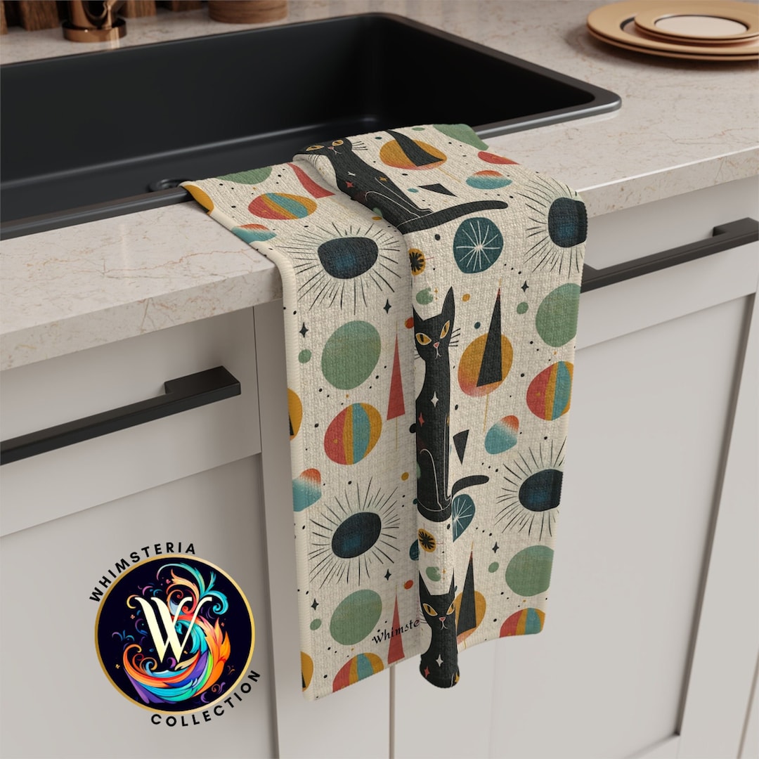 Atomic Cat Mid Century Tea Towel,atomic Cat Kitchen Towel, Mid Century ...