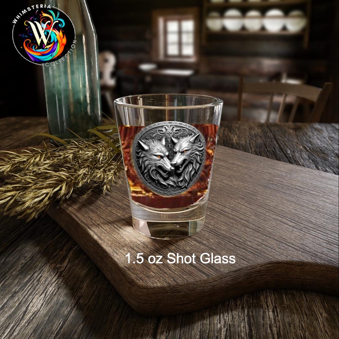 Viking Wolf Shot Glass, Graphic Wolf Printed Medalion Glass, 1.5oz ...