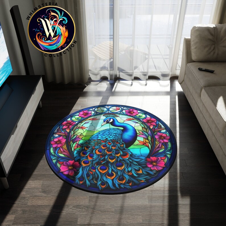 Chinoiserie Peacock, Faux Stained Glass Round Rug, Room Rug ...