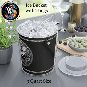 Ice Bucket With Tongs, Printed Viking Wolf Medallion Faux Black Leather ...