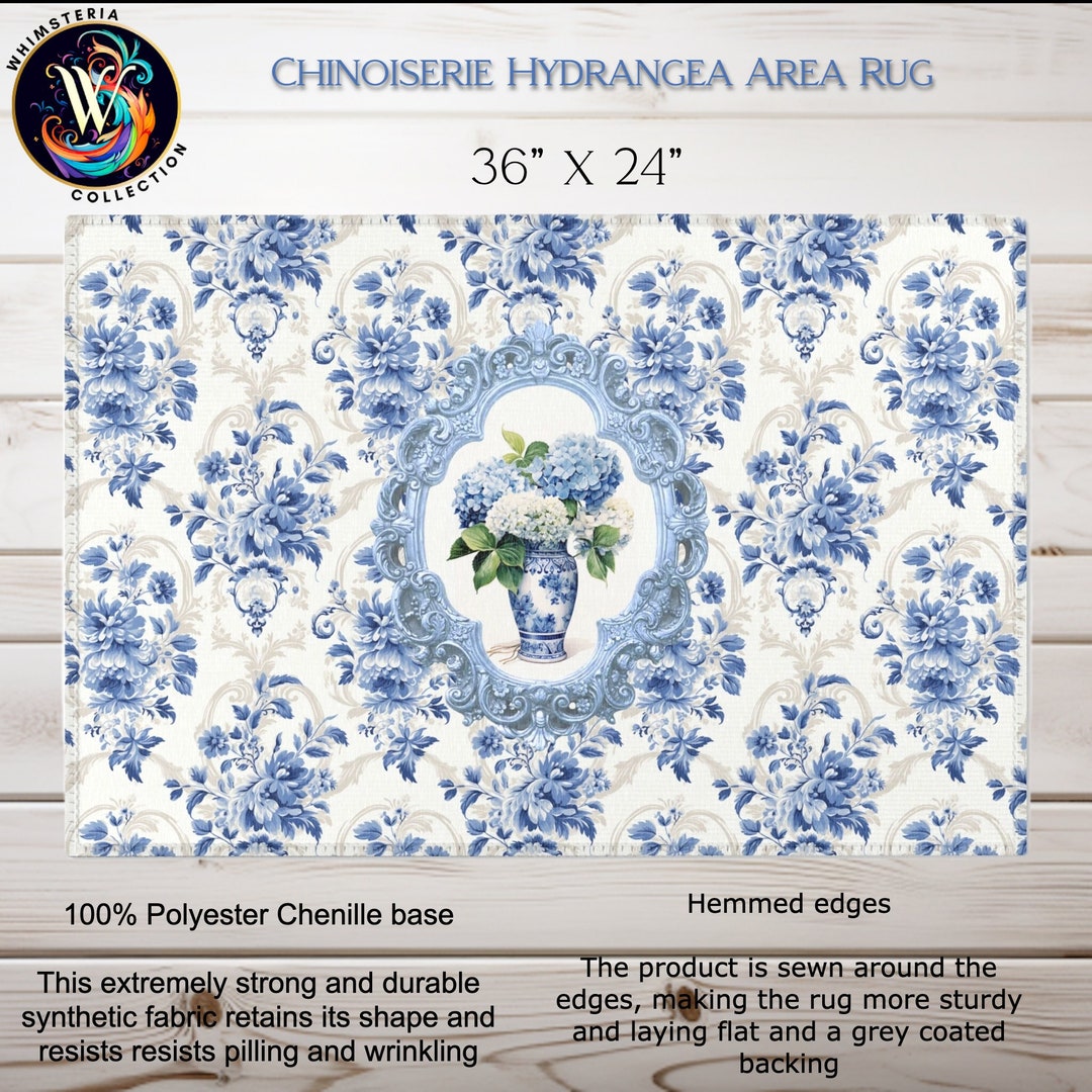 Chinoiserie Hydrangea Blue White Area Rug, Floral Rug, Chinoiserie ...