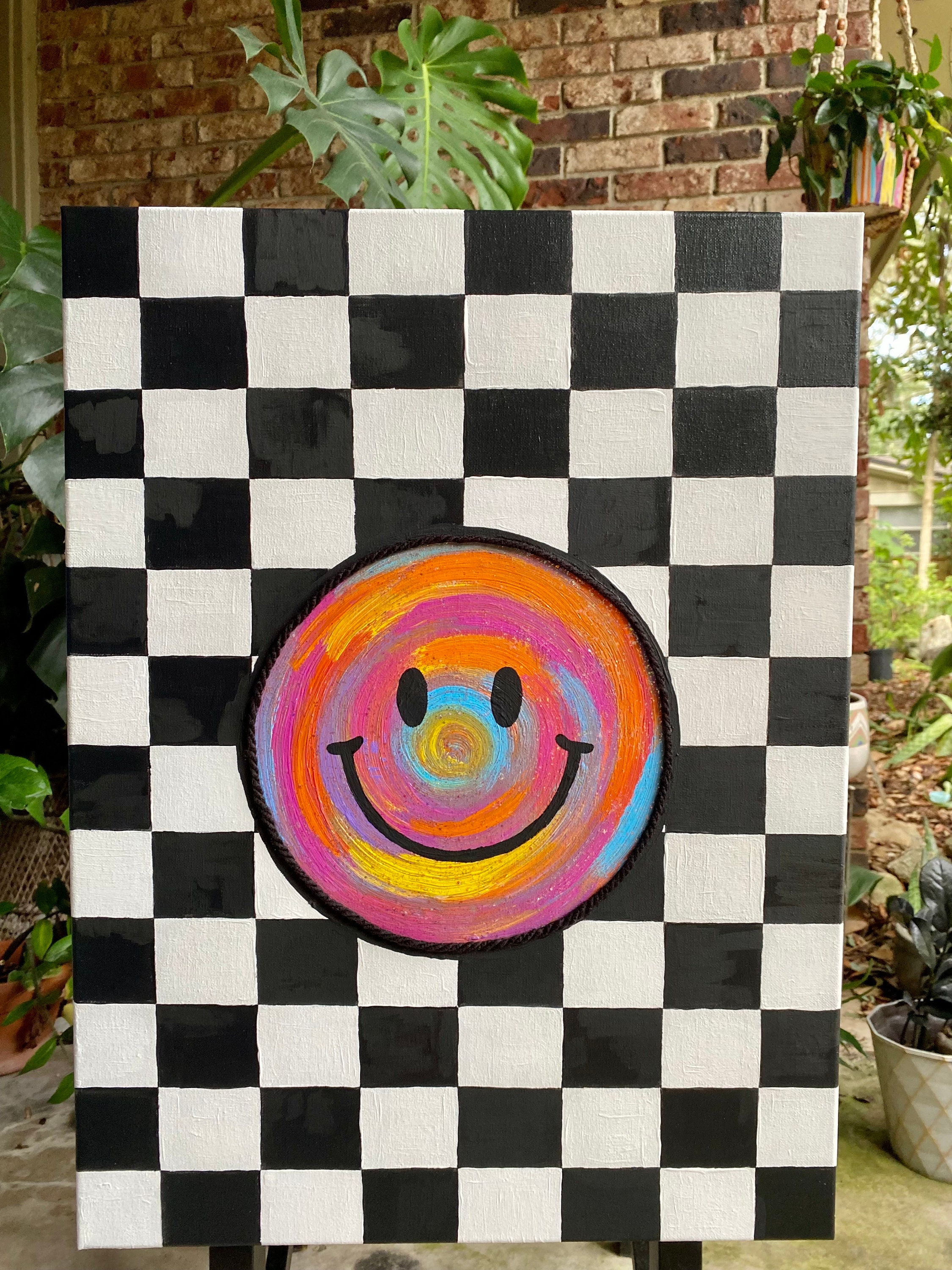 Smiley Face, Original Art Painting One of a Kind, Kidcore, Checkered ...