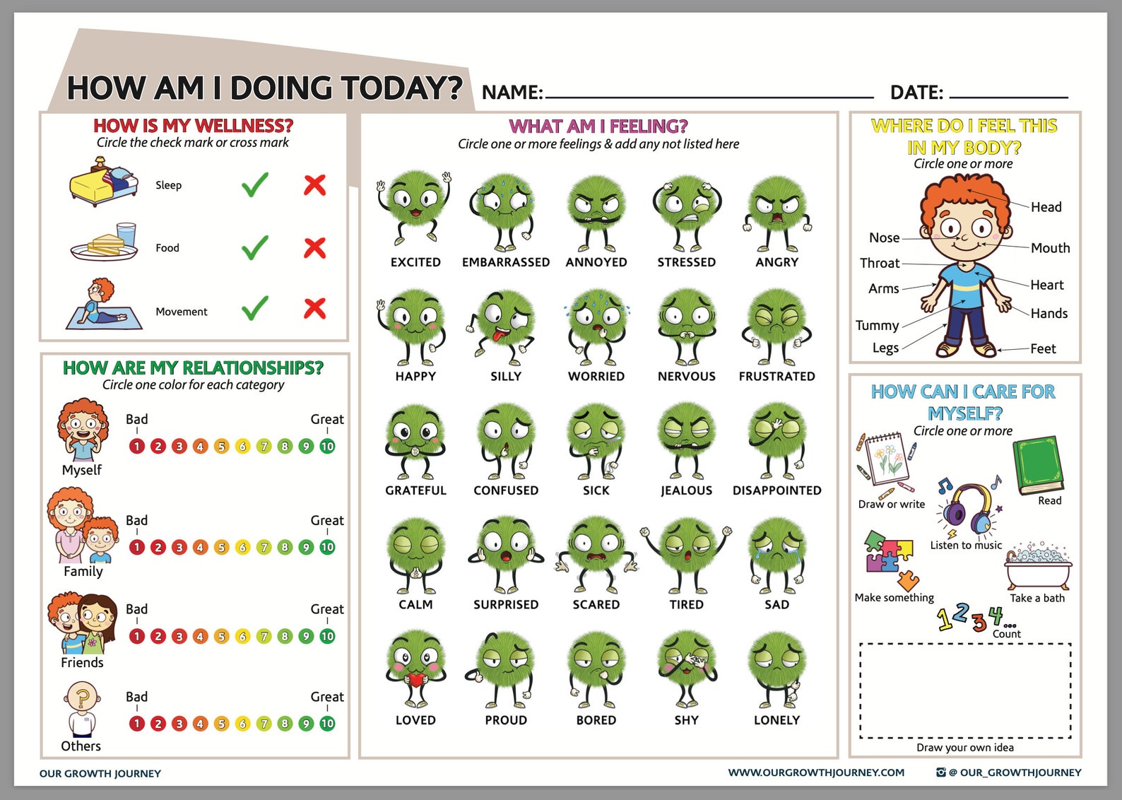 Check-in Worksheet for Kids and Students Emotions and Well-being Check ...