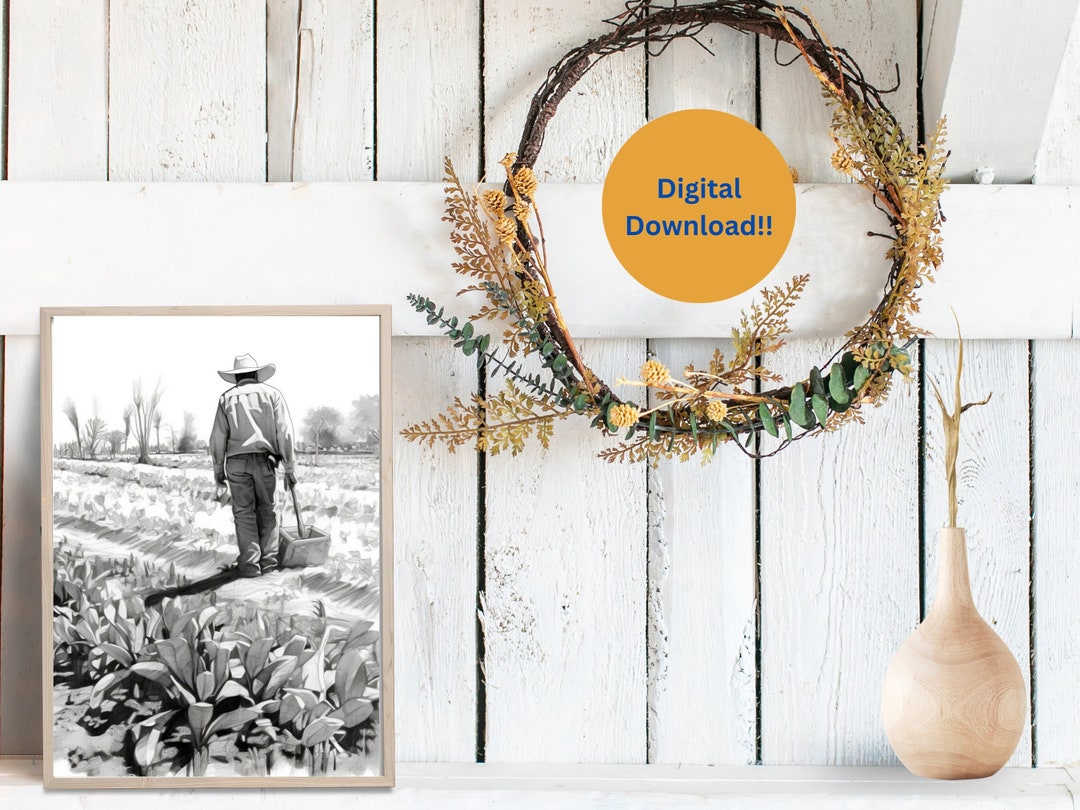 The Lone Rancher: Black and White Digital Wall Art of a Farmer Working ...