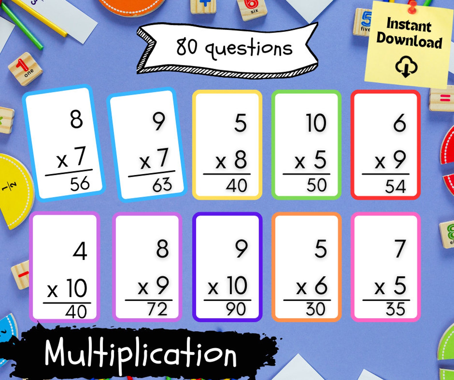 80 Multiplication Flashcards, Educational Learning Cards for Kids, Math ...