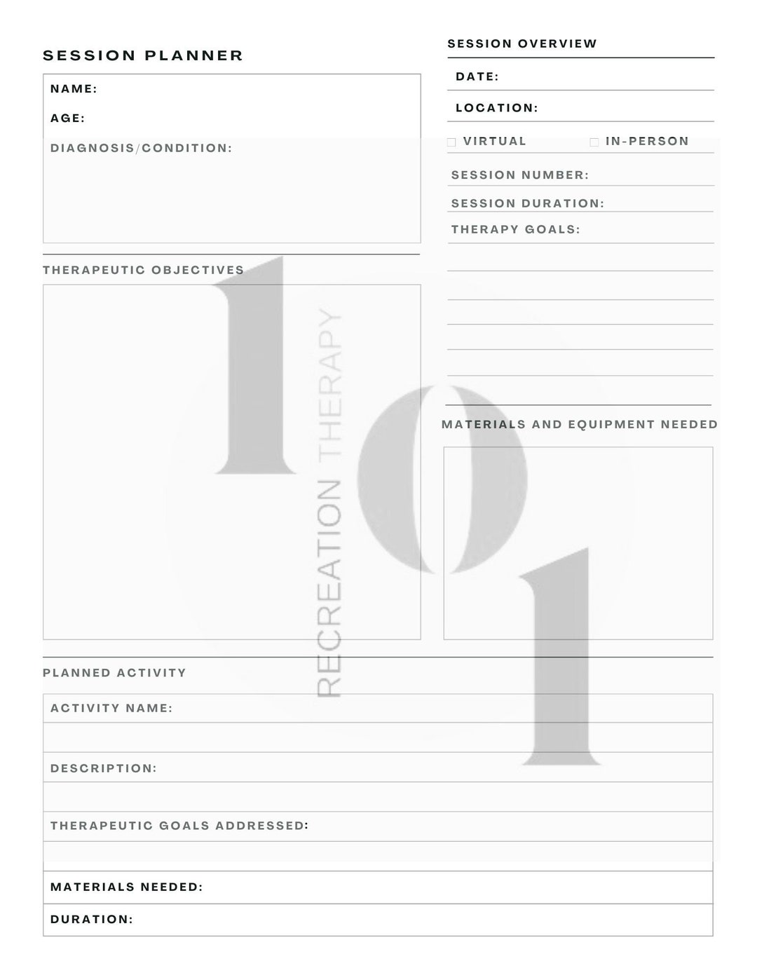 Recreation Therapy Session Template - Etsy
