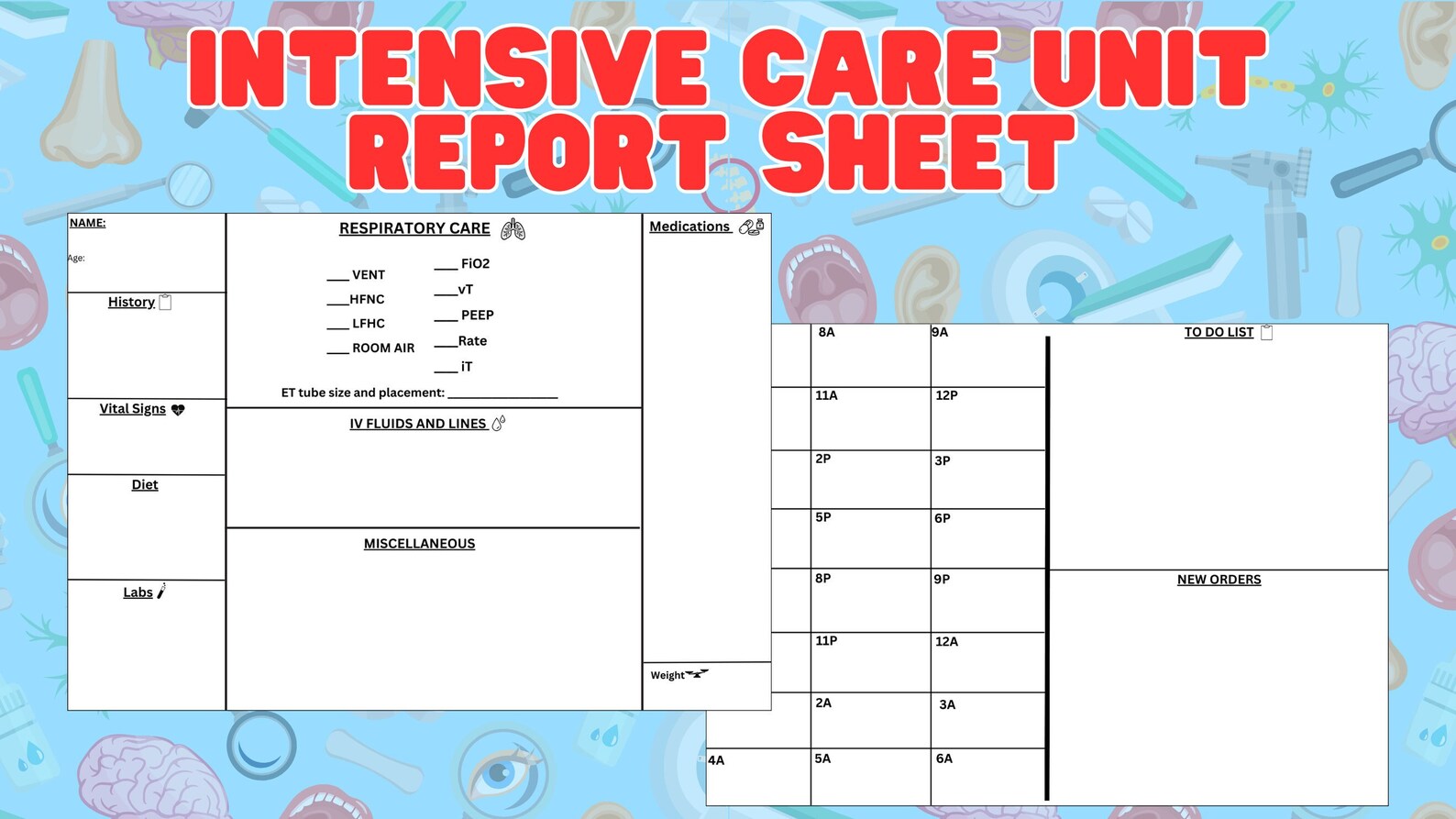 Intensive Care Unit Report Sheet, ICU Report Sheet, Planner for Nurses ...