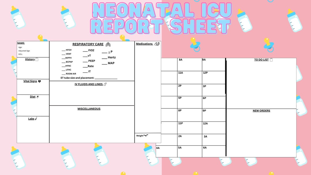 Neonatal ICU Report Sheet, ICU Report Sheet, NICU Nurse Report Sheet, Nurse Brain, Daily Planner ...