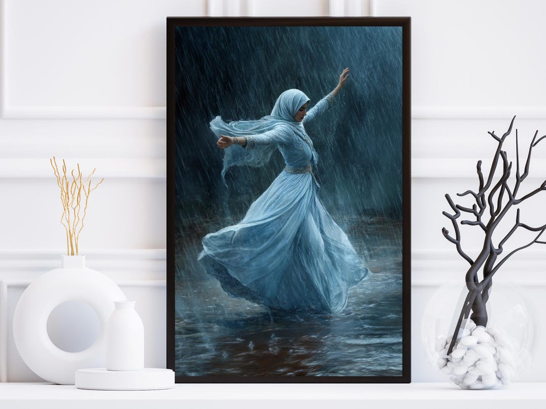 Renaissance Painting of Muslim Sister Dancing in the Rain, Muslim Woman ...