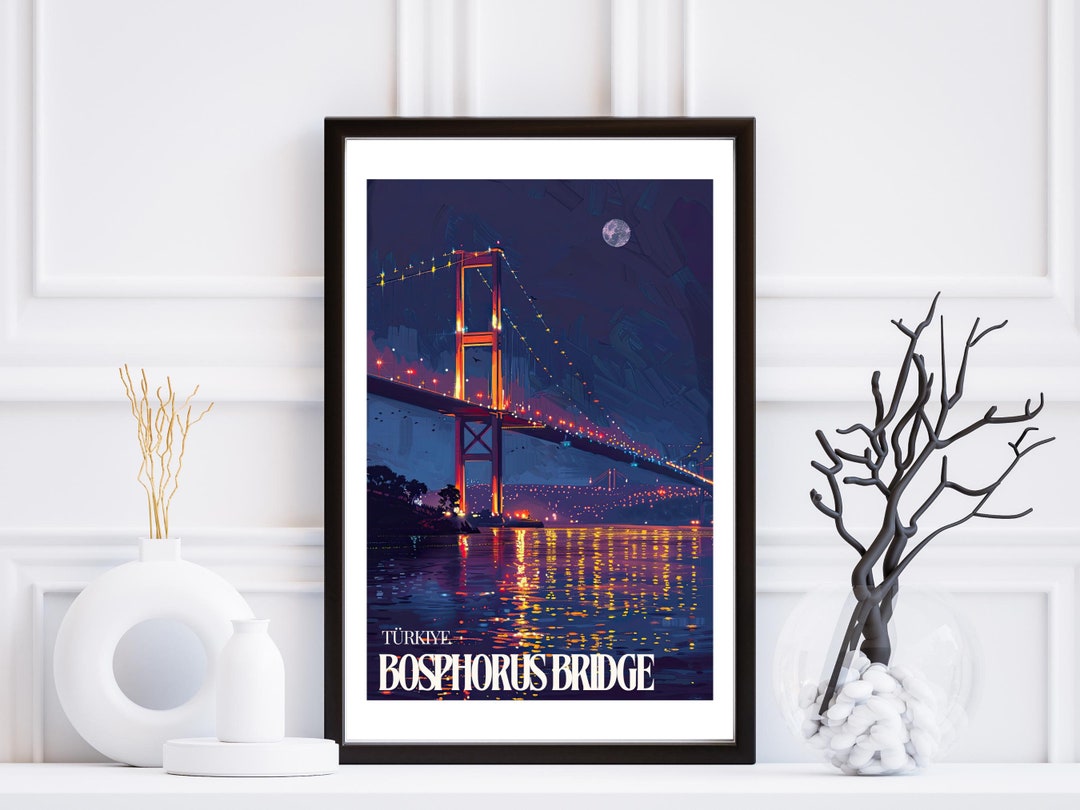 Wall Art of the Bosphorus Bridge in Istanbul at Night, Retro Travel ...