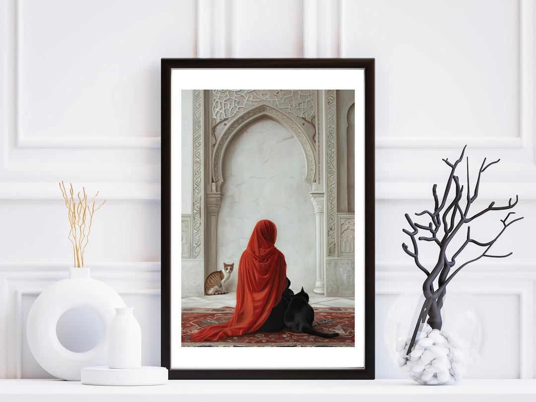 Muslim Woman With 2 Cats in Red Abaya Wall Art, Muslims Sister Praying ...