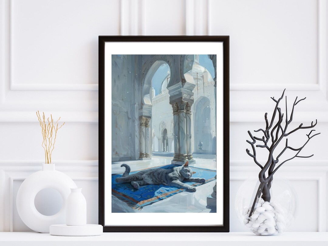 A Cat Laying on a Blue Prayer Mat in White Mosque Print, Cats of Islam ...