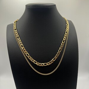 18K Gold Chain, Double Layered Figaro Gold Chain, Gold Textured ...