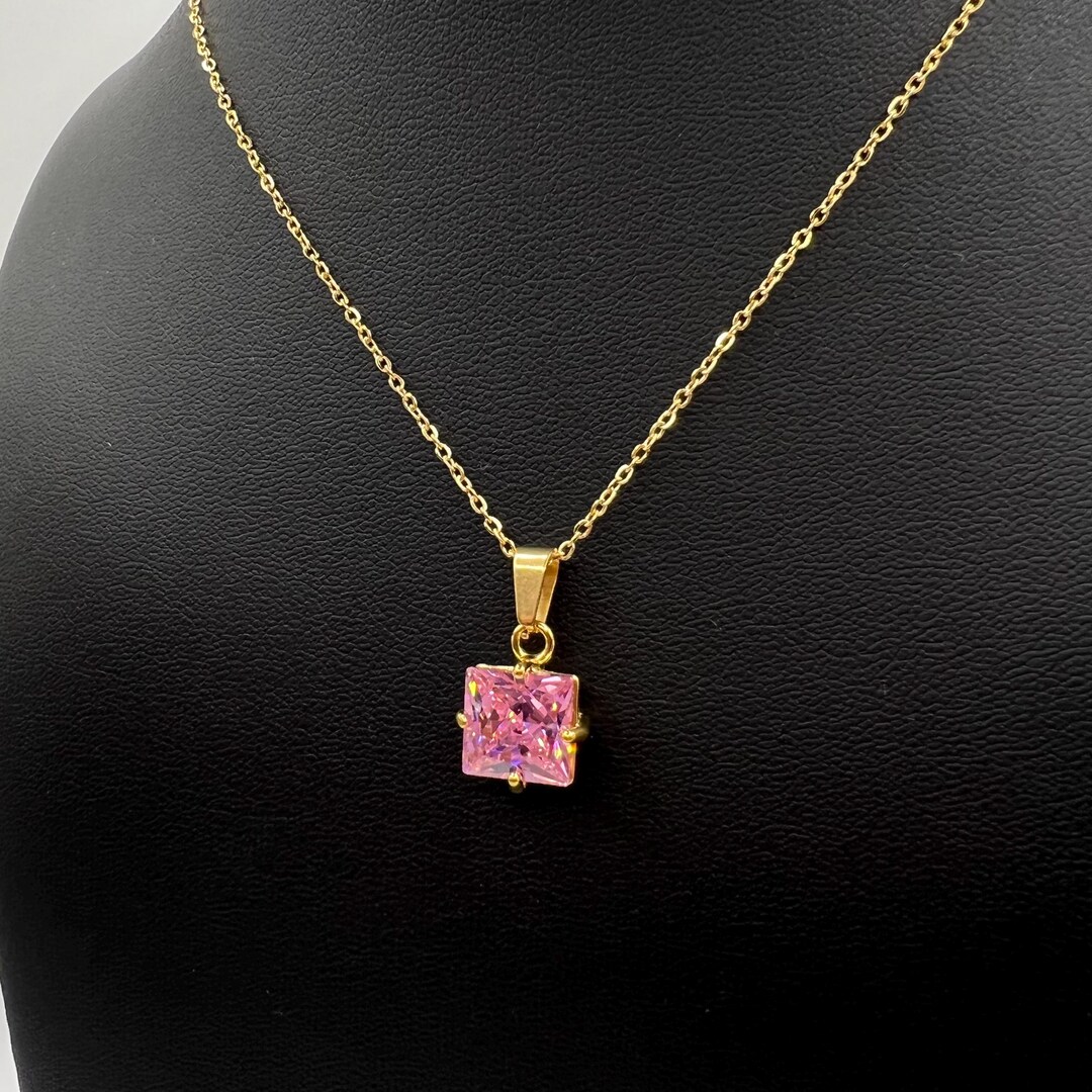 18K Gold Pink Square Pendant Chain Necklace, Pretty Gold Cubic Zirconia ...