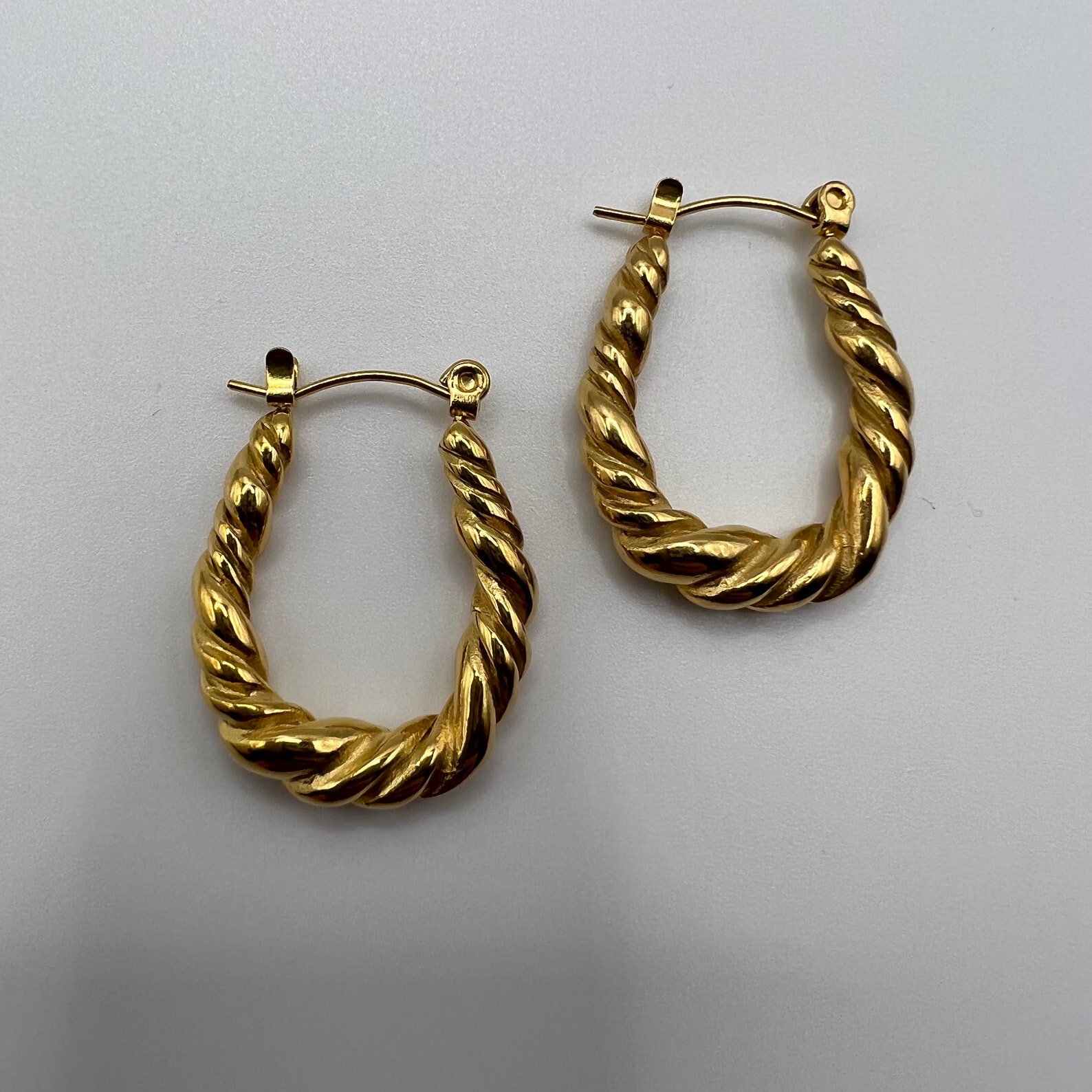 18K Gold Twisted Oval Hoops, Gold Rope Textured Hoops, Geomtric Twisted Hoops, Click Hinge Hoops ...