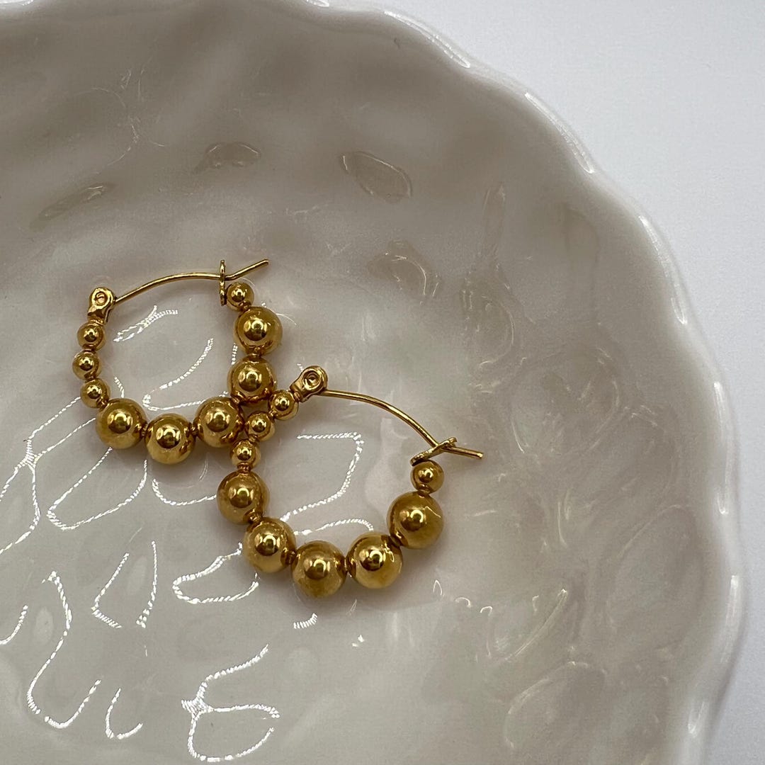 18K Gold Beaded Bubble Hoops, Gold Textured Earrings, Gold Round Bobble Hoops, Click Hinge Hoops ...