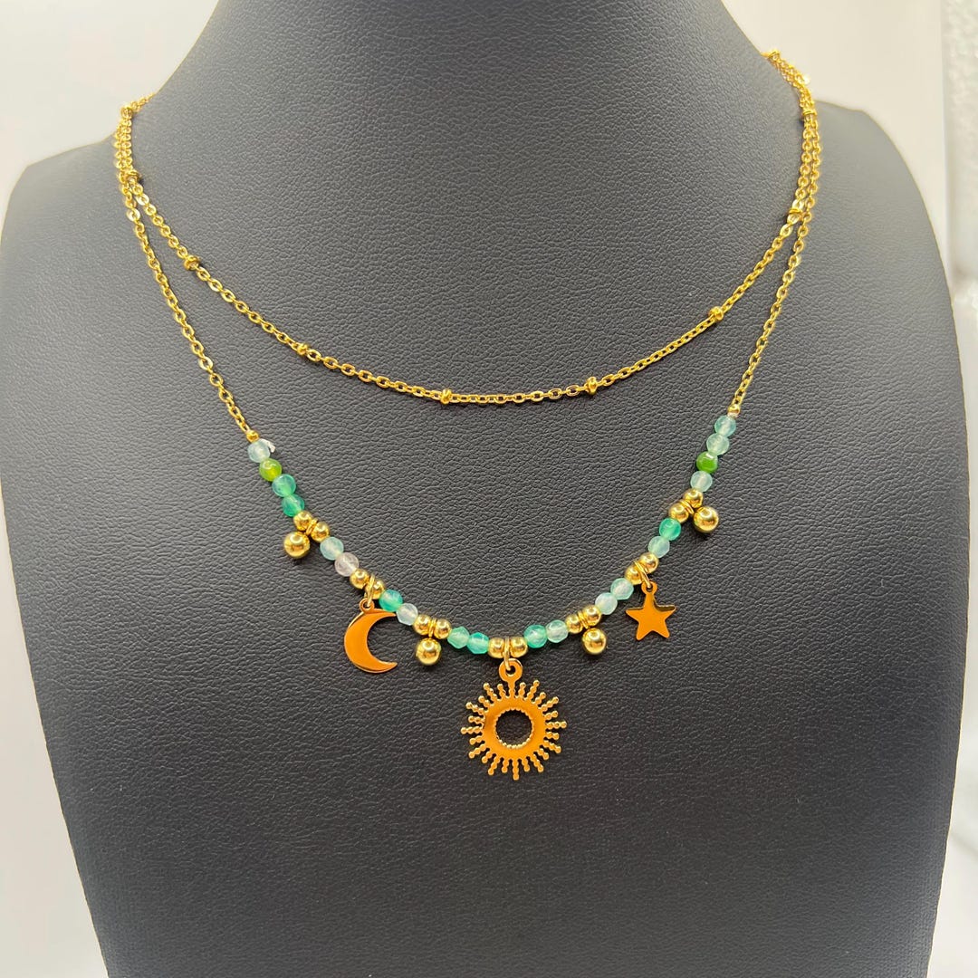 18K Gold Moon Star Sun Beaded Necklace, Moon Sun Celestial Charms ...