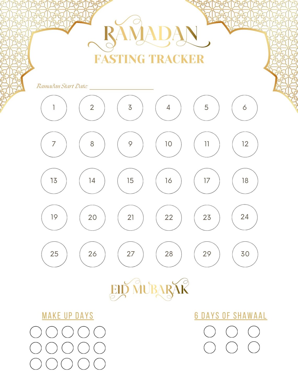 Printable 2025 Ramadan Fasting Tracker, Missed Days & 6 of Shawwal ...
