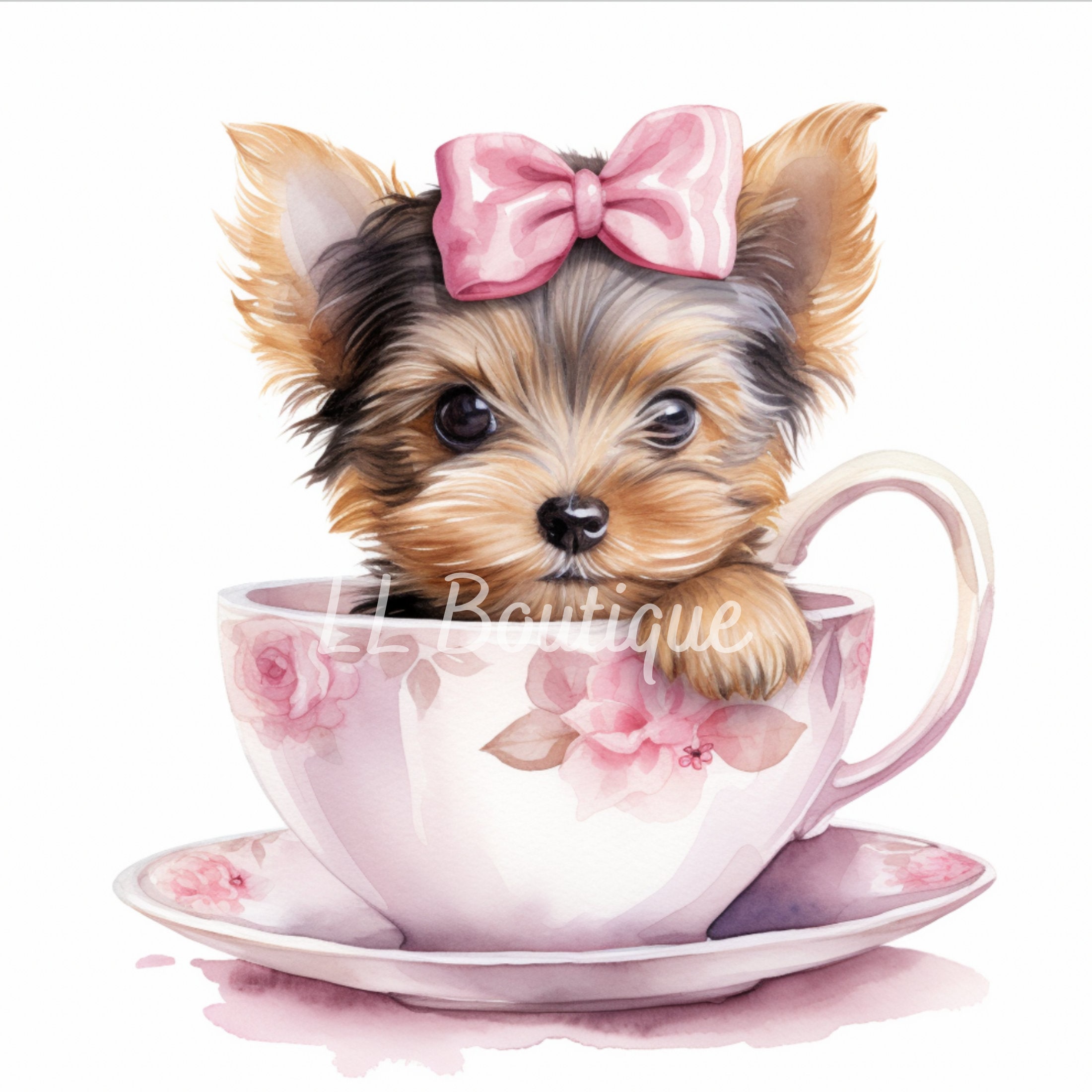 Cute Watercolor Yorkie Girl Puppy in Tea Cup, .PNG Files, Yorkie Art ...