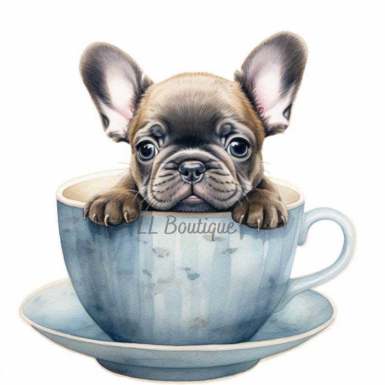 Cute Watercolor French Bulldog Boy Puppy in Tea Cup, .PNG Files ...