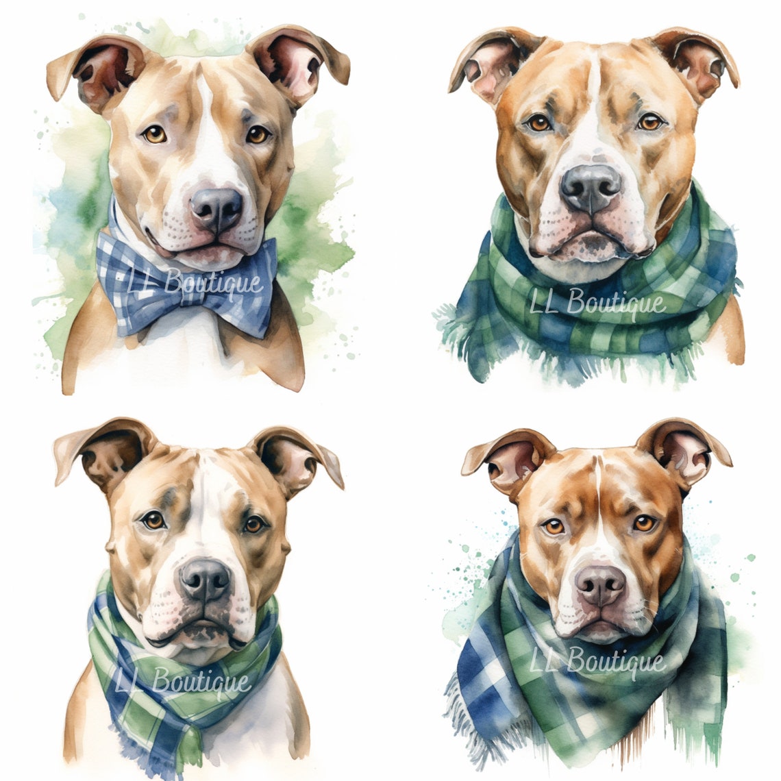 4 Watercolor Pitbull Portrait, .PNG File, Dog Art, Nursery Art, Wall ...