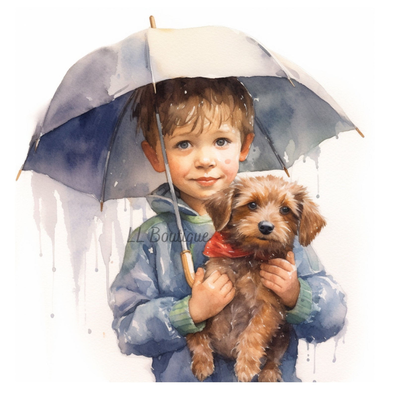 4 Watercolor Child in Rain With Umbrella Images, .PNG File, Dog Art ...