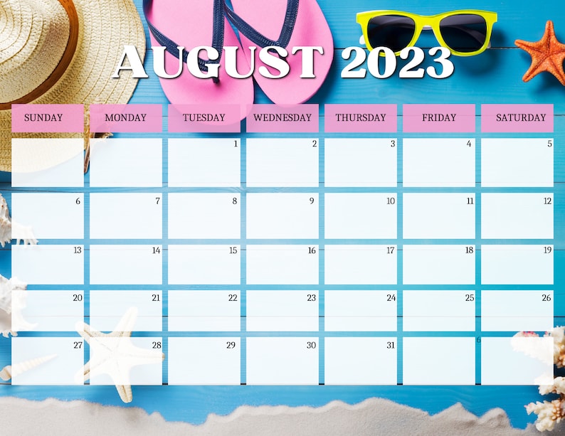 Printable August 2023 Monthly Calendar Beachy Summer Vibes - Etsy