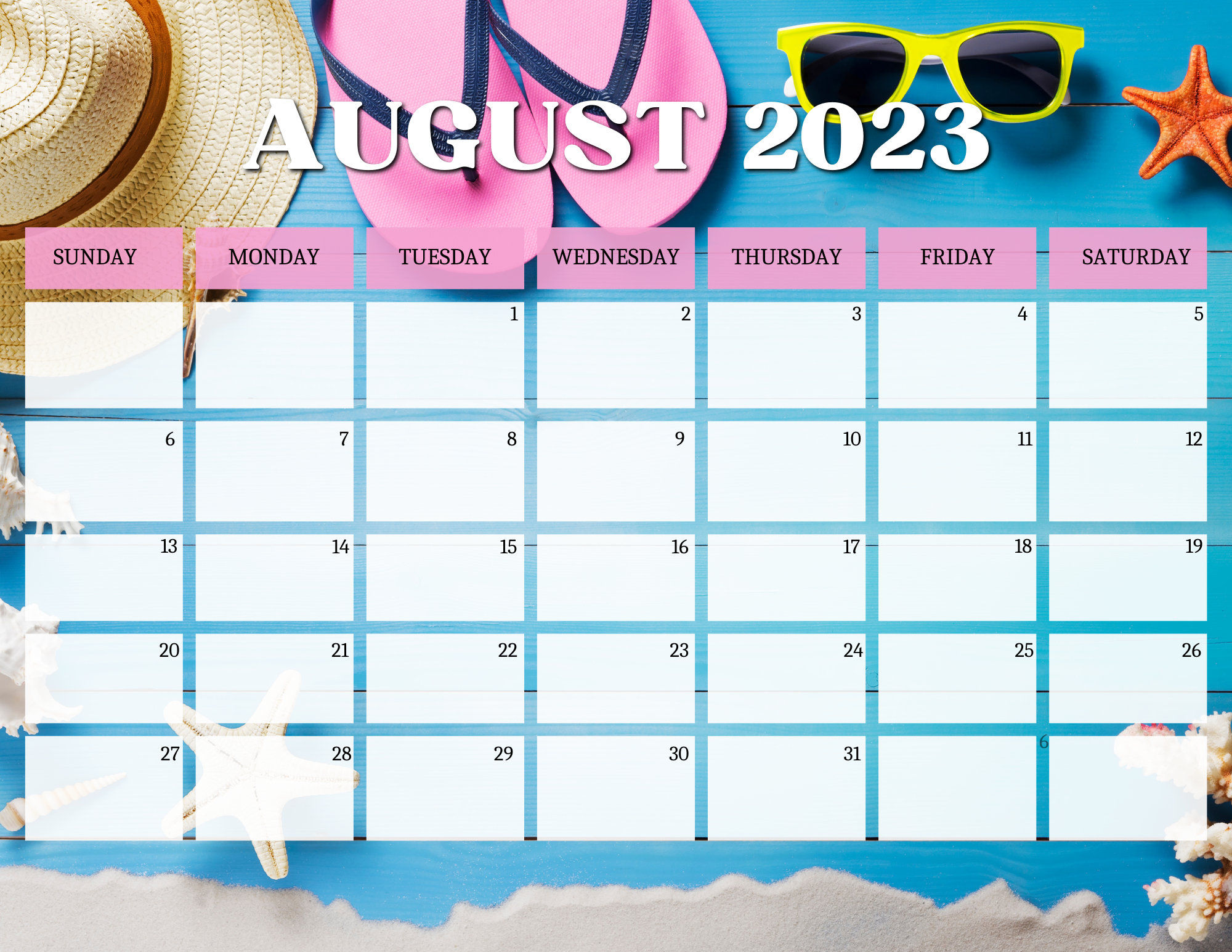 Printable August 2023 Monthly Calendar Beachy Summer Vibes - Etsy