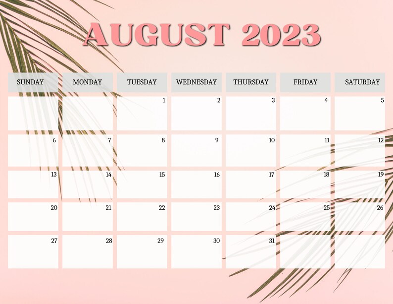 Peach Minimalist Photo-centric August 2023 Printable Monthly Calendar ...