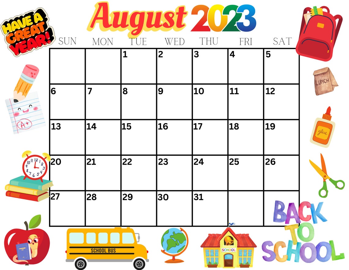 August Printable Monthly Calendar- Back to School - Etsy