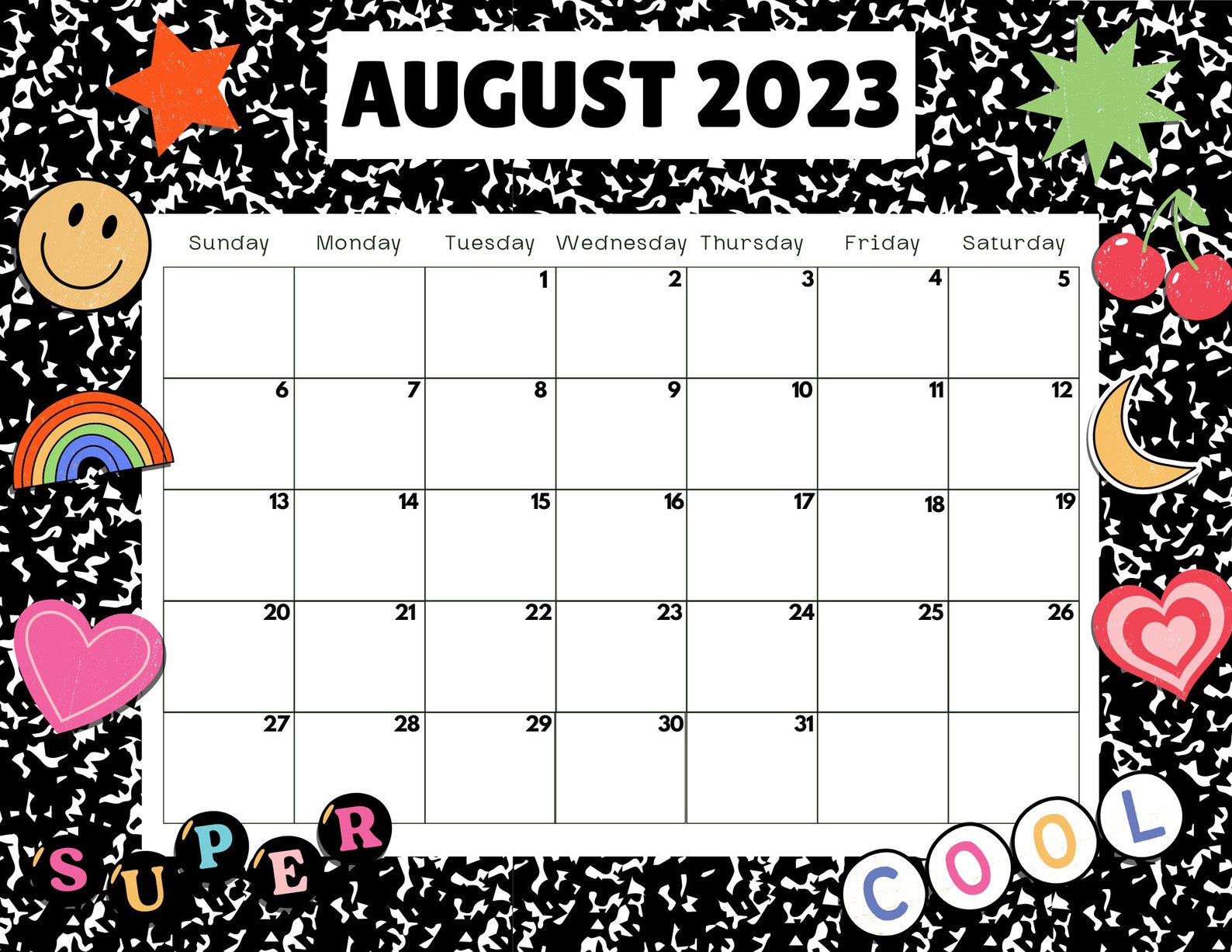 Quirky School Notebook Printable August 2023 Monthly Calendar - Etsy