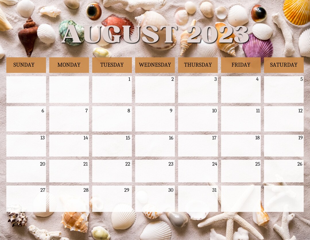 Printable Monthly August 2023 Calendar Sandy Beach Seashells - Etsy
