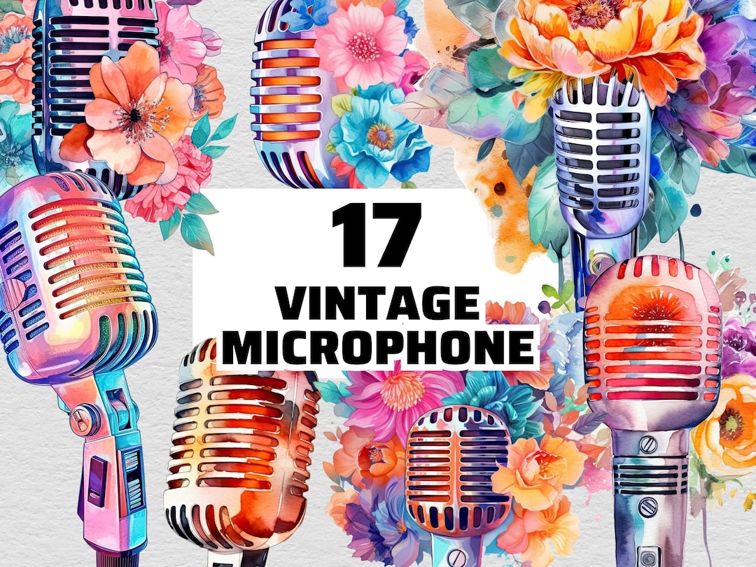 Watercolor Vintage Microphone Clipart, Vintage Clipart Bundle, Music ...