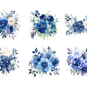 Navy Watercolor Flower Bundle, Navy Floral PNG, Navy Floral Clipart ...