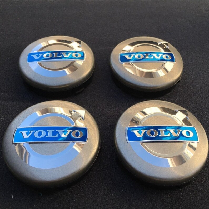 4x Volvo Alloy Wheel Centre Hub Caps 64mm Silver & Blue C30 C70 S40 V50 ...