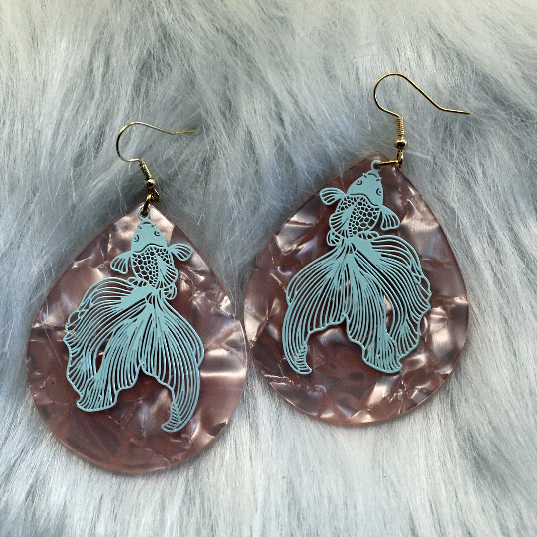Pink Acrylic Iridescent Water Drop Blue Beta Fish Earrings - Etsy