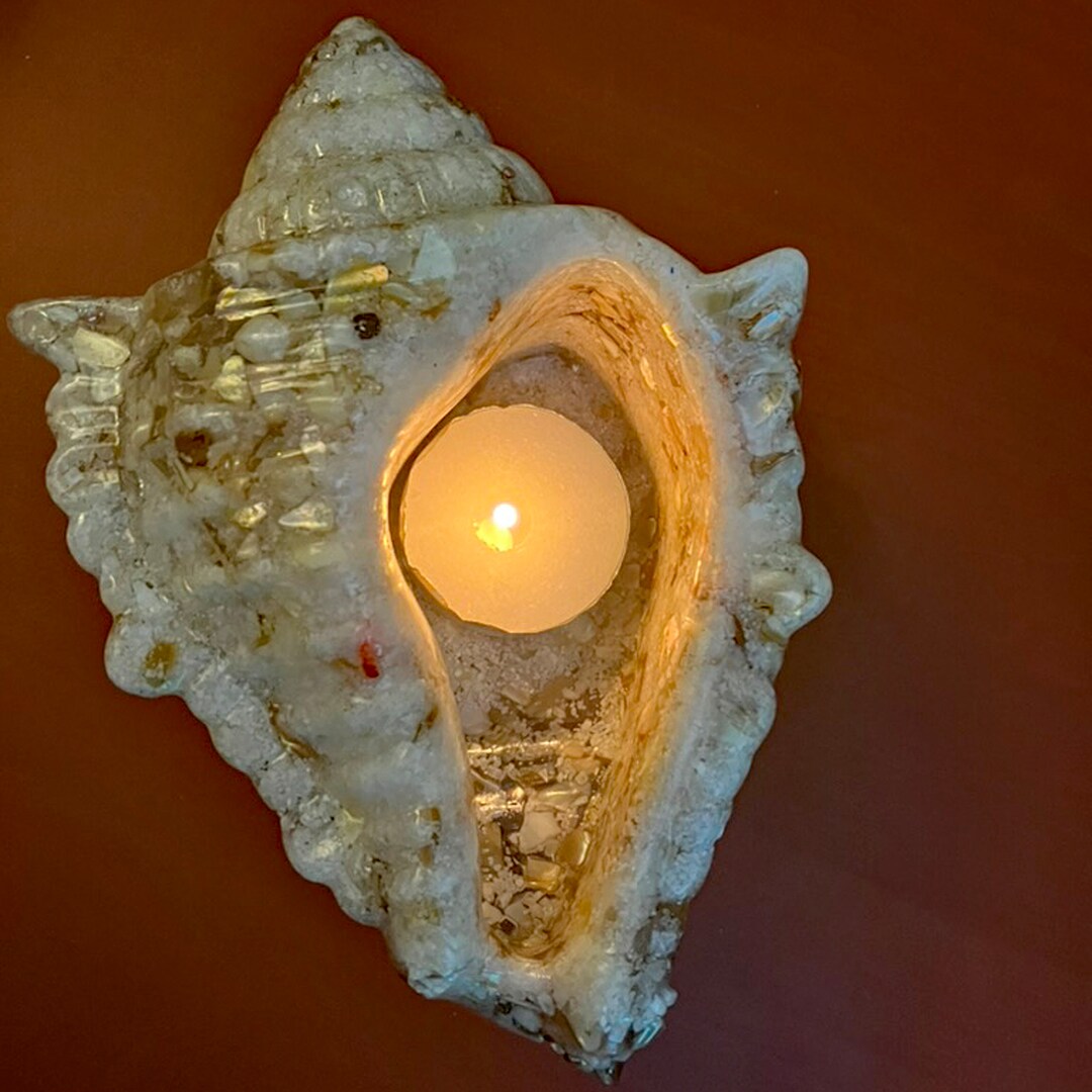 White Sand and Shells Resin Conch Shell Tea-light Holder Trinket Dish ...