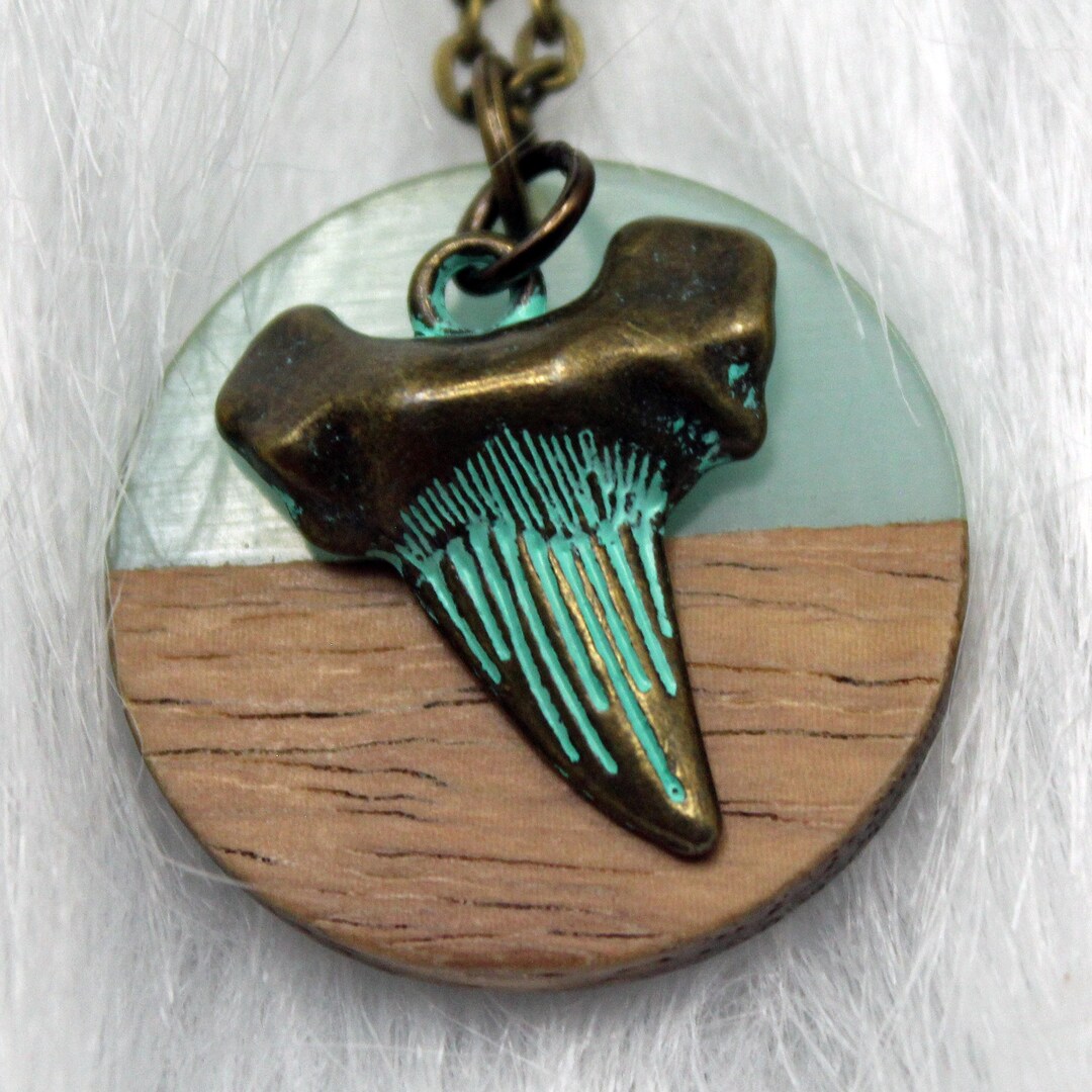 Shark's Tooth 3D Turquoise Metal Wood and Resin Brass Necklace on a 20 ...