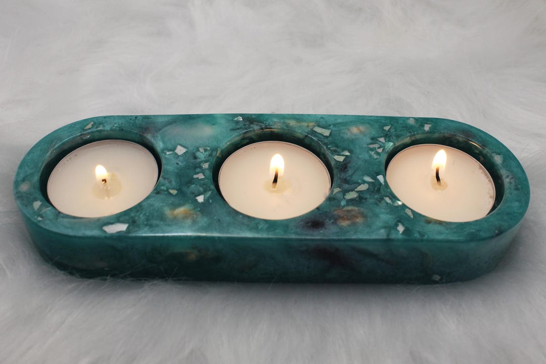 Green Turquoise Triple Tea-light Holder With Seashell Pieces - Etsy