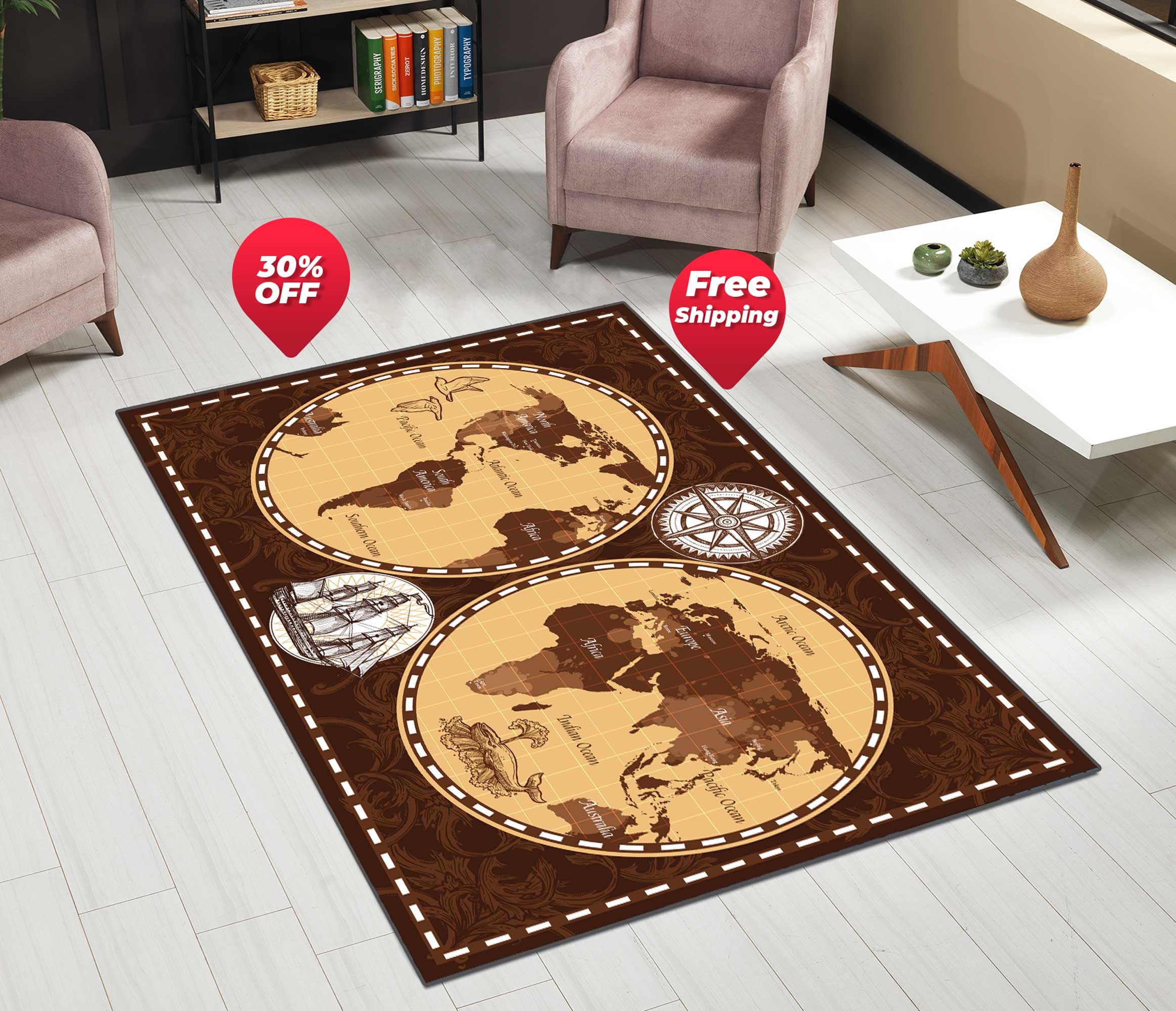 Vintage World Map Rug, Retro Map Rug, Global Explorer Rug, Warm and ...