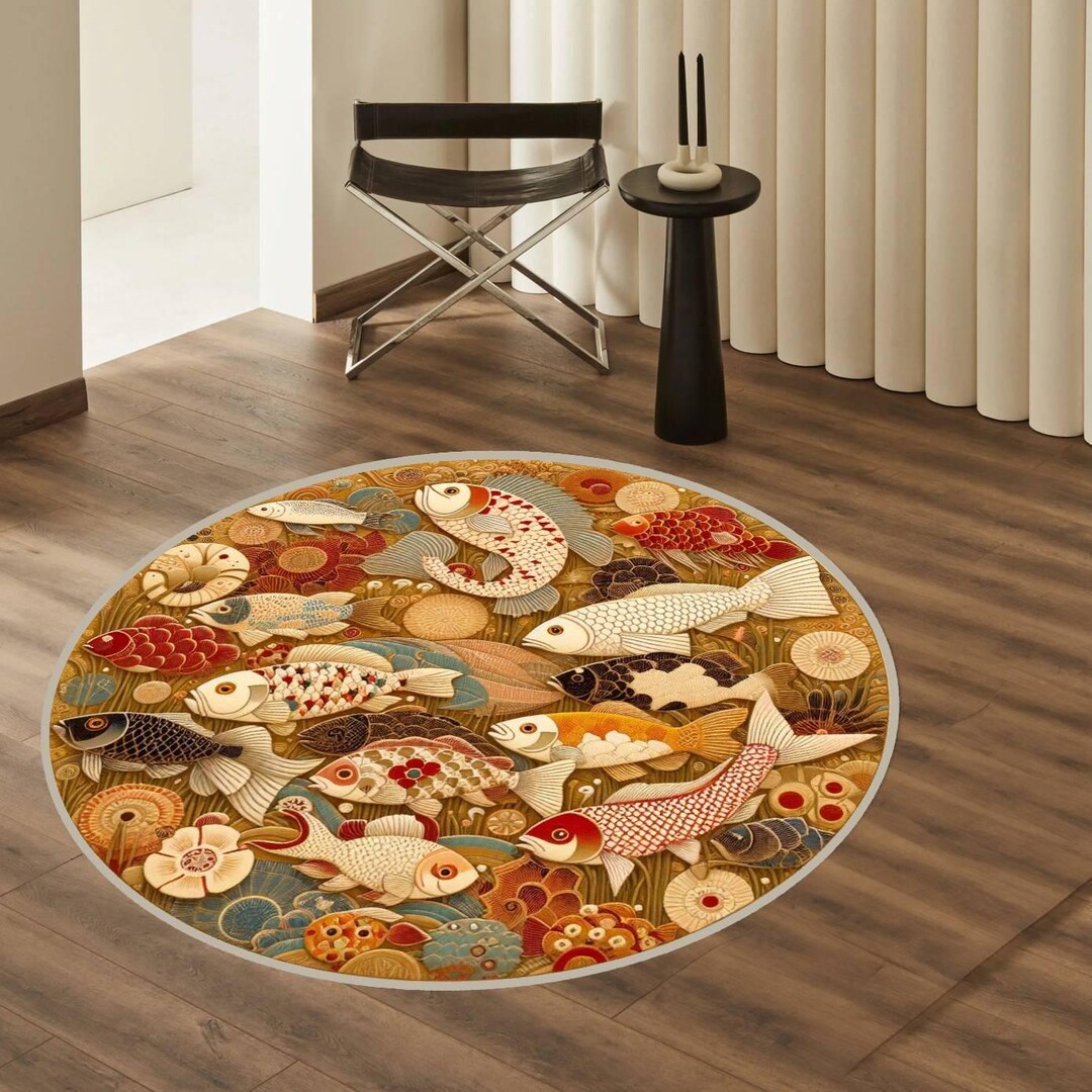Japanese Round Fish Rug, Koi Fish Rug, Oriental Rug, Gold Fish Rug ...