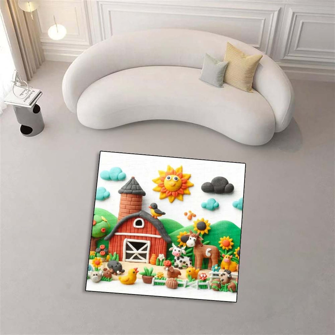 Kids Farm Play Dough Style Rug, Farm Life Nursery Rug, Farm Animals ...
