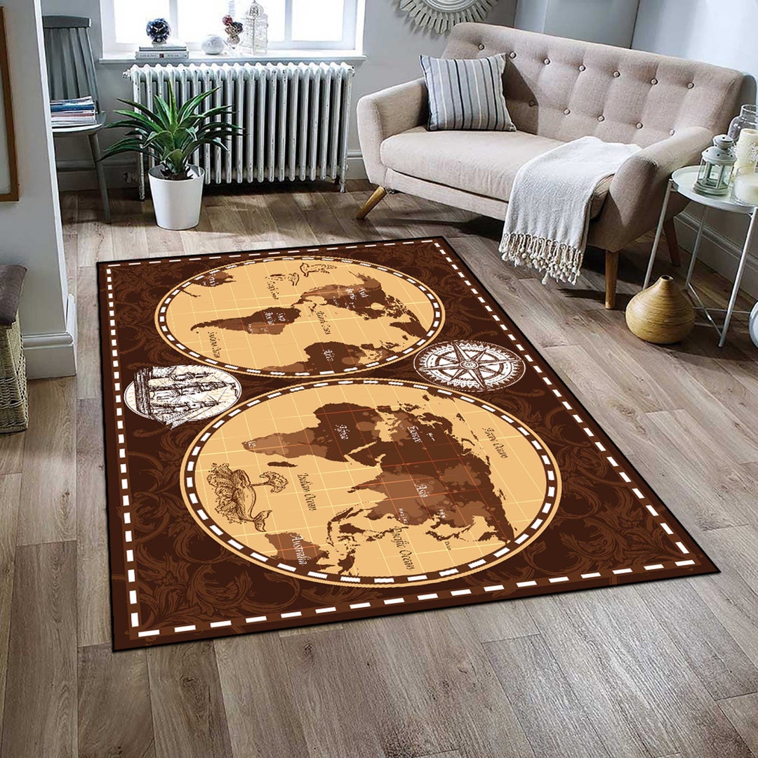 Vintage World Map Rug, Retro Map Rug, Global Explorer Rug, Warm and ...