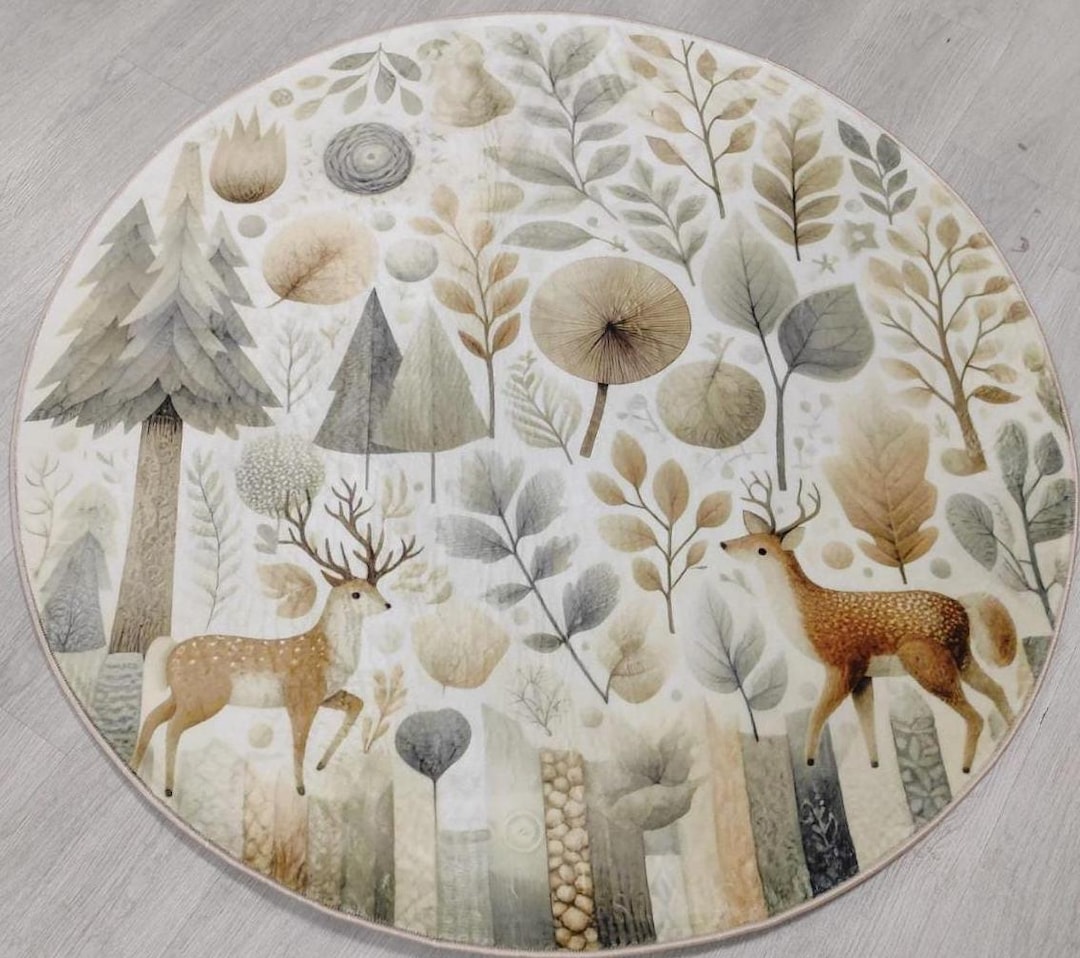 Woodland Nursery Rug Round Nature-inspired Design Rug Forest Animals ...
